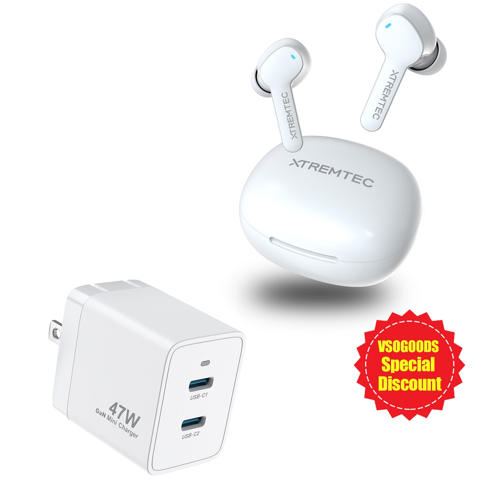 XTREMTEC XT300 Wireless Bluetooth Earbuds and 47W GaN Dual-Port Fast C